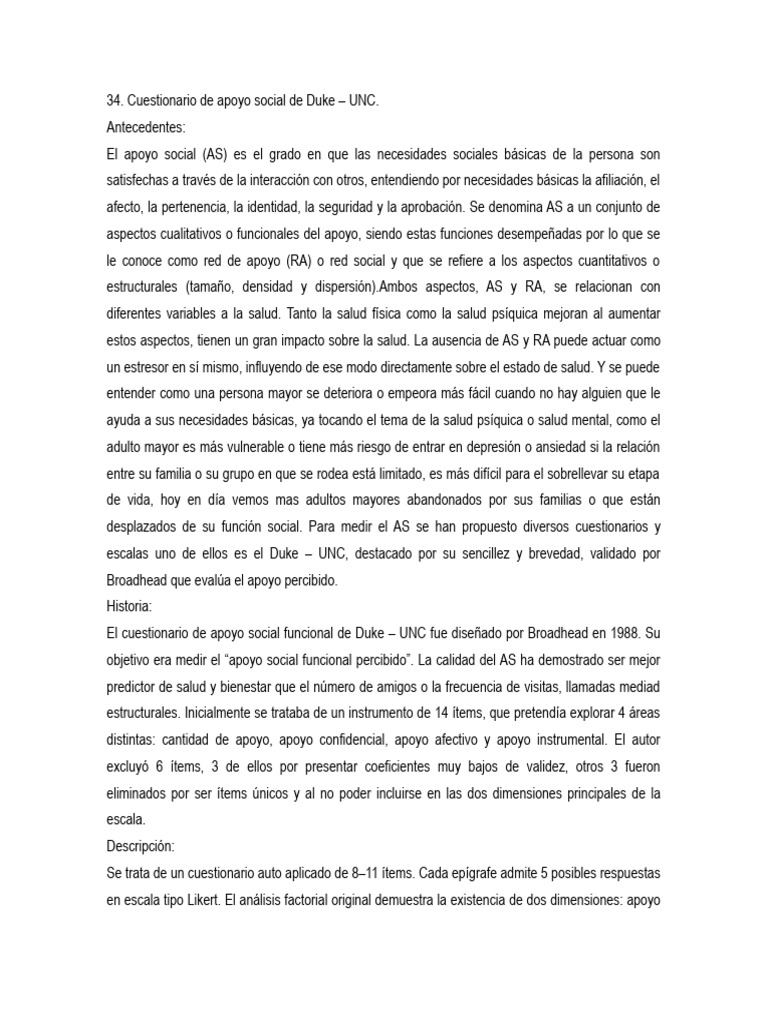 34.escala Duke - UNC | PDF | Apoyo social | Validez (Estadísticas)