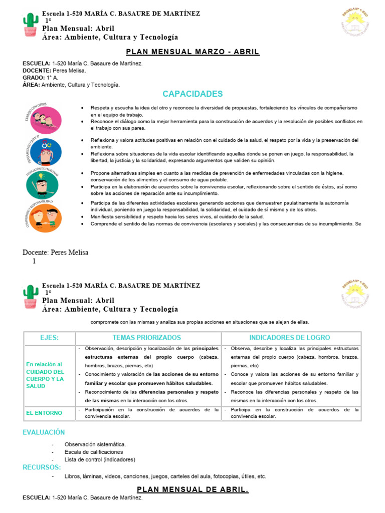 Plan Mensual Abril 1° A y B - Escuela Basaure | PDF | Maestros | Escritura