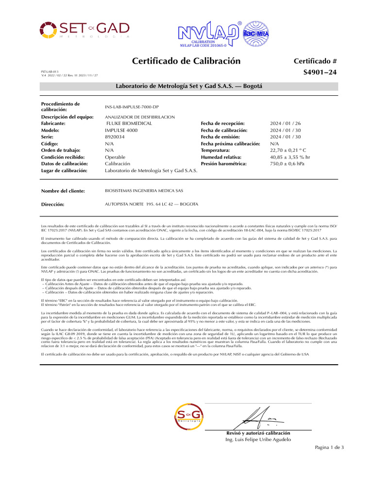 Certificado de Calibración Fluke Impulse 4000 | PDF | Calibración ...