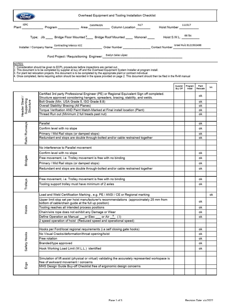 Overhead Equipment and Tooling Installation and Buyoff Checklist - Lift ...