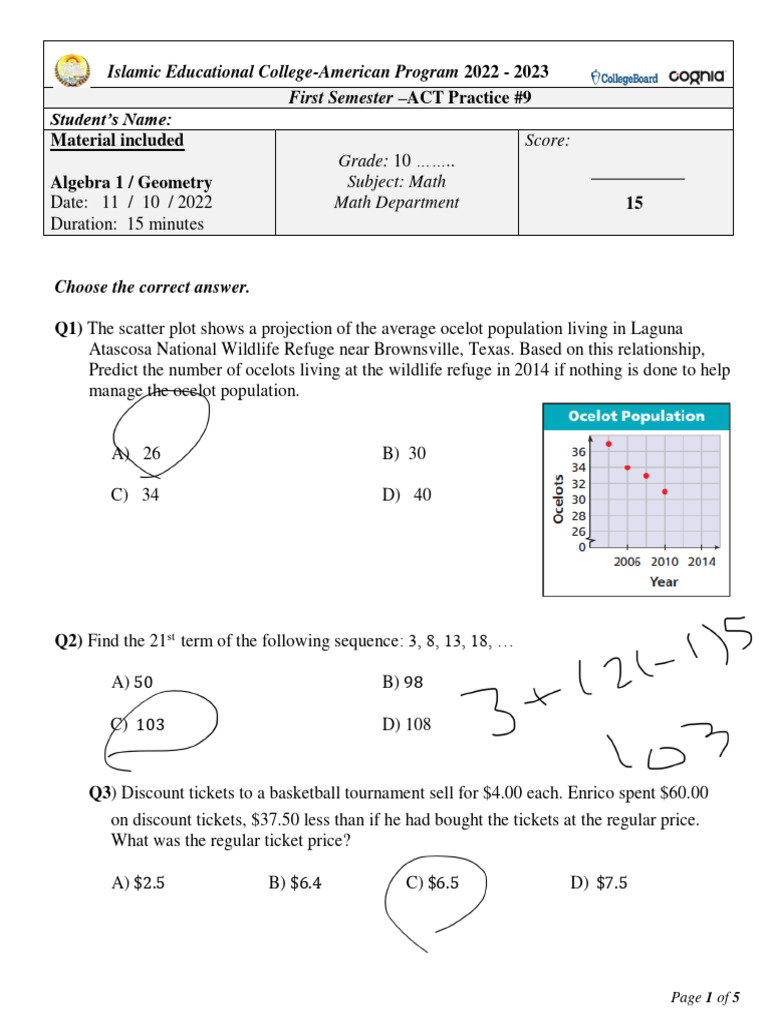 ACT Practice M1 - #9 | PDF | Triangle | Geometry
