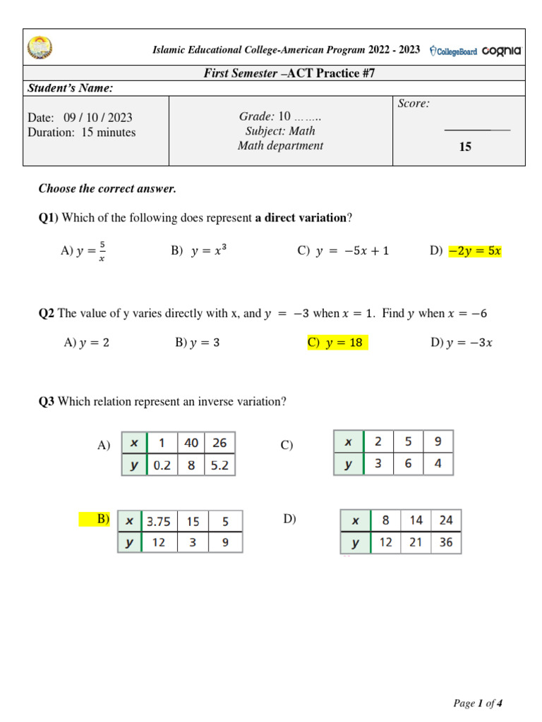 ACT Practice M1 - #7 | PDF | Area | Geometry