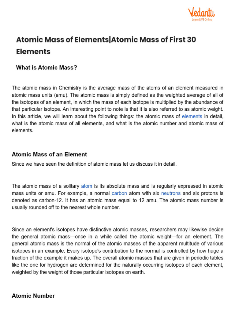 Atomic Mass of Elements - Atomic Mass of First 30 Elements | PDF