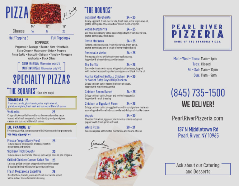 Peral River Pizzeria Menu Front Back | PDF