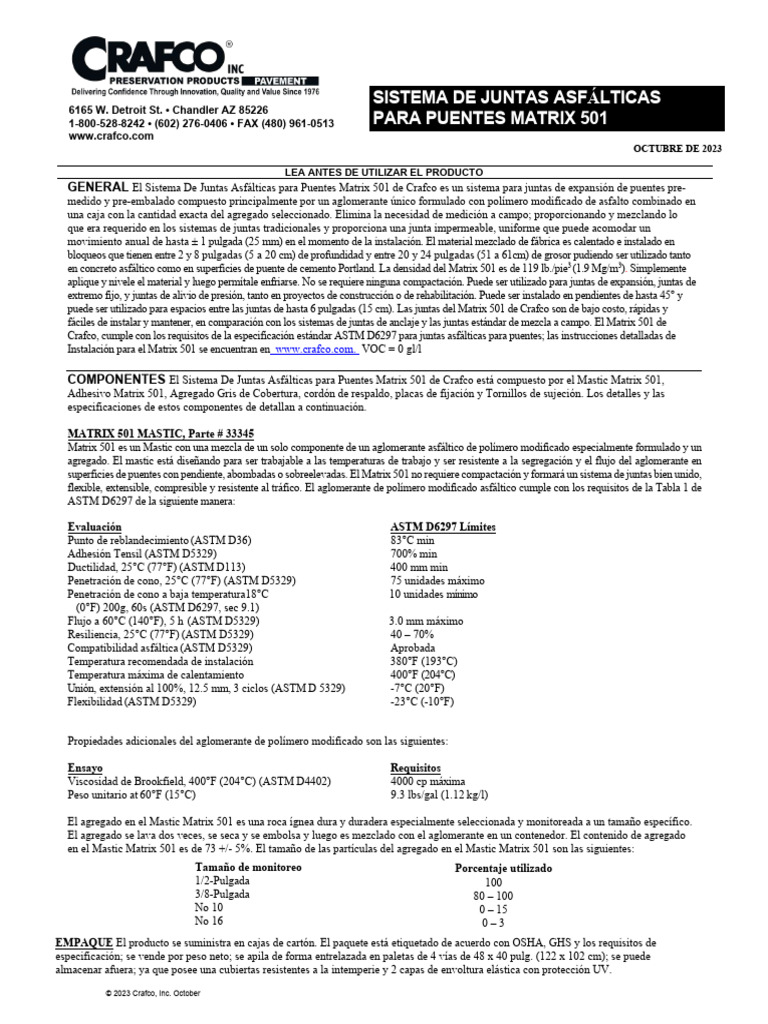 Crafco-Matrix-501-Hoja de Datos Del Producto | PDF | Pulgada | Materiales