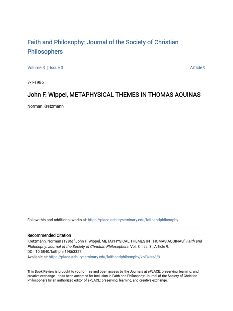 Bookreview - Metaphysical Themes in Thomas Aquinas - John F. Wippel ...