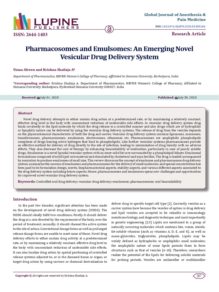 Pharmacosomes and Emulsomes An Emerging | PDF | Liposome | Lipid