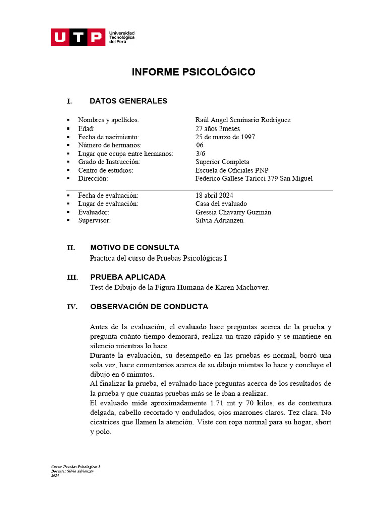 S08 - s1 Material - Modelo Informe Psicologico | PDF | Las emociones | Creatividad