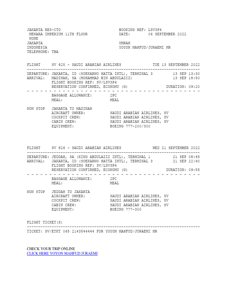 Ticket SV 41 Pax 13 Sep 2022 | PDF | Flight Attendant | Medina