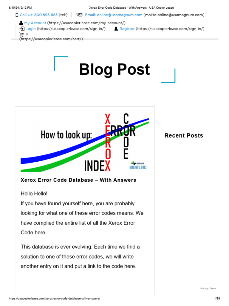 Xerox Error Code Database - With Answers - USA Copier Lease | PDF ...