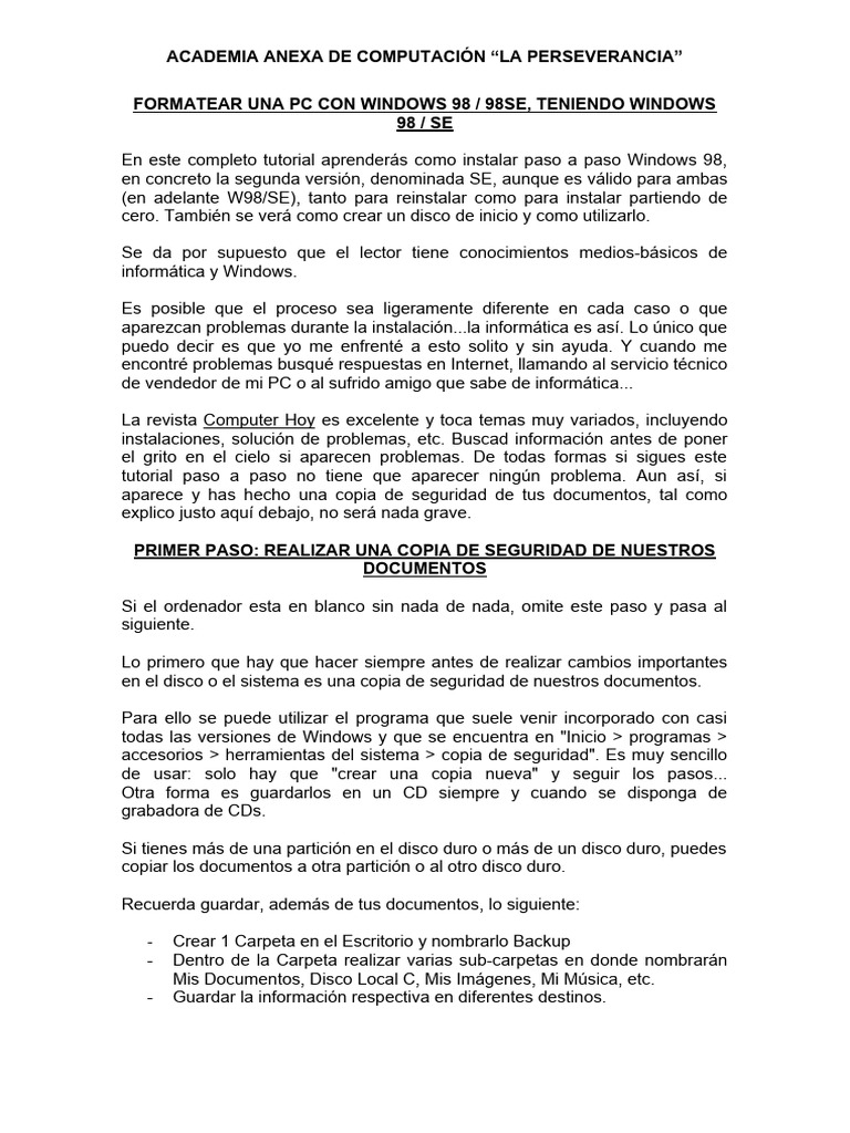 Manual Instalación Win98 | PDF | Disco flexible | Disco compacto