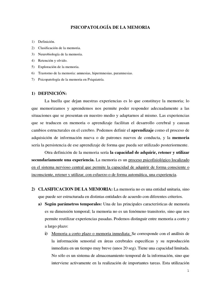 psicopaqtologia memoria | PDF | Amnesia | Memoria