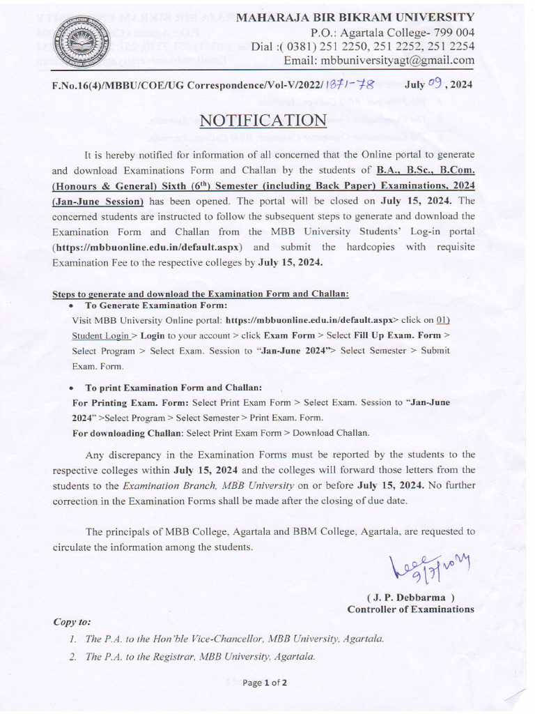 Notification Regarding Examination Form Fill-Up For B.a., B.SC - ., B.com - Sixth Semester ...