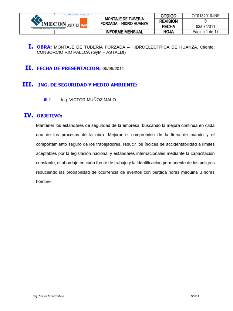 INF AGOSTO OT 013-2010 Montaje de Tuberia Forzada Hidroelectrica de Huanza | PDF | Procesos ...