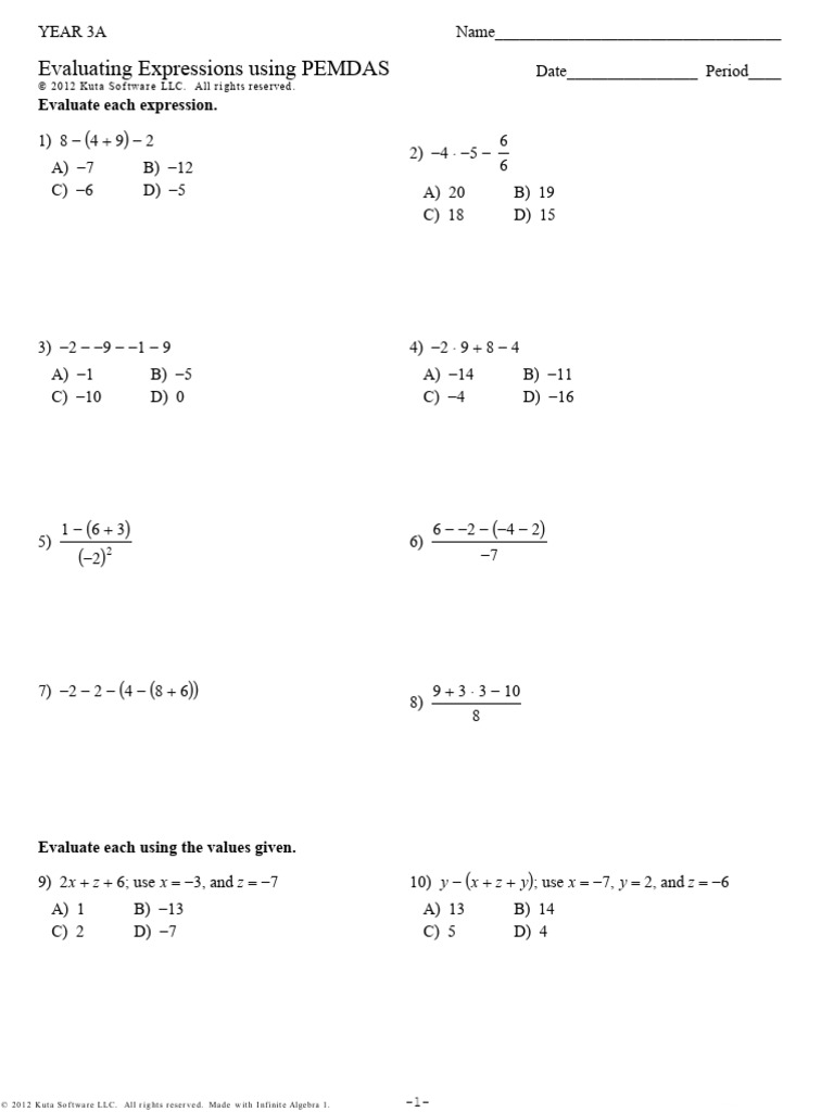 YEAR 3A - Evaluating Expressions Using PEMDAS | PDF