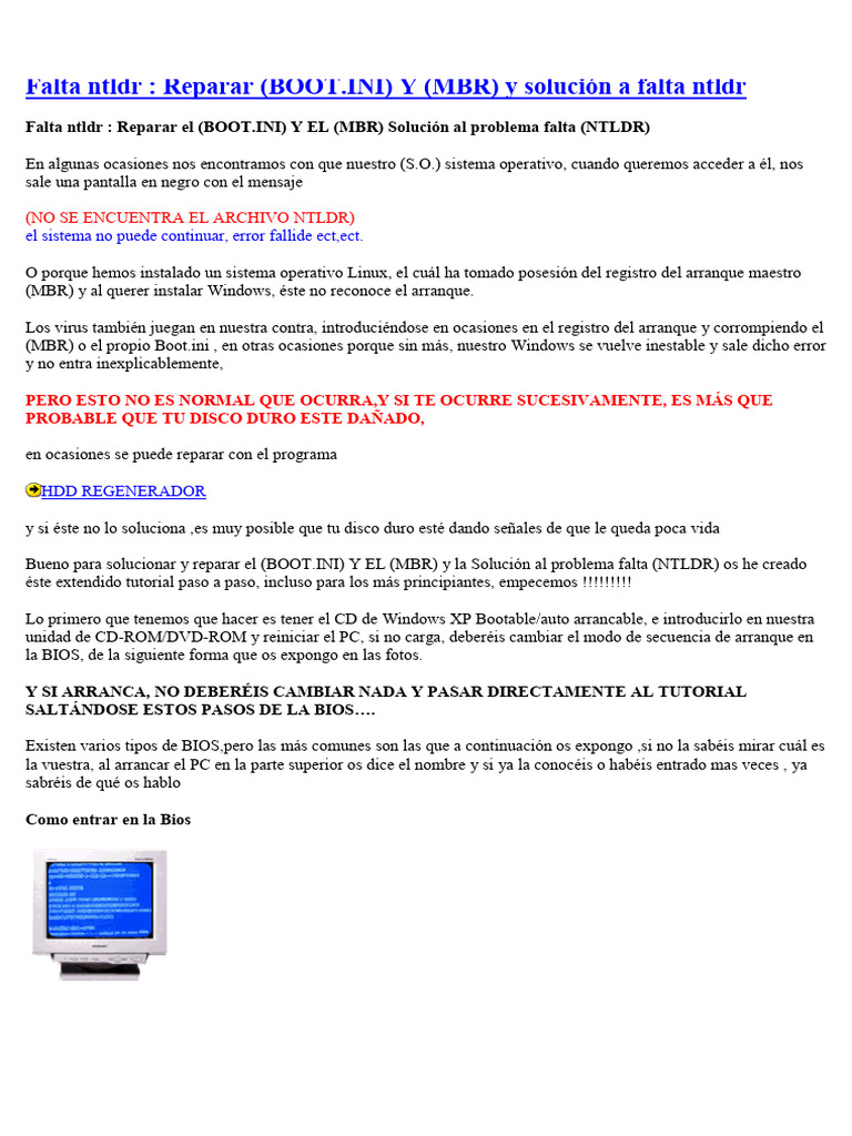 Reparación de NTLDR y MBR en Windows XP | PDF | Arranque | Bios
