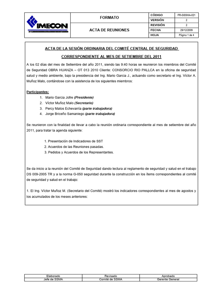 Ot 013 2010 Acta de Reunion Sub Comite N 001 - Agosto Set 2011 | PDF