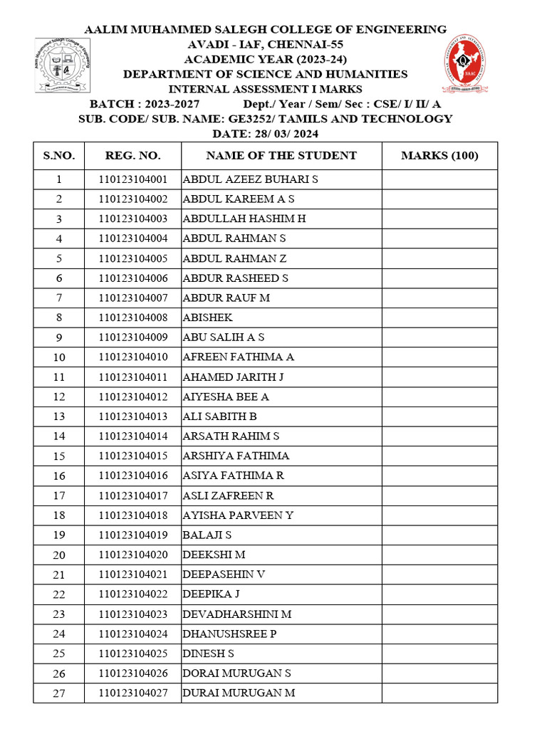 Internal Assessment I Marks Report | PDF