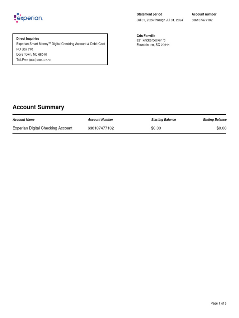 Experian Digital Checking Account Summary | PDF | Transaction Account ...