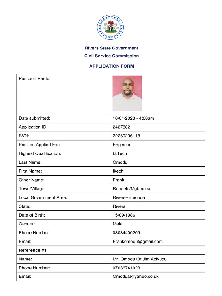 Rivers State Engineer Application Form | PDF | Access Control | Government