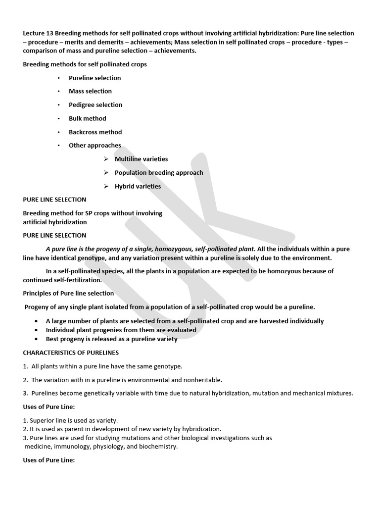 Lecture 13 Breeding Methods For Self Pollinated Crops Without Involving