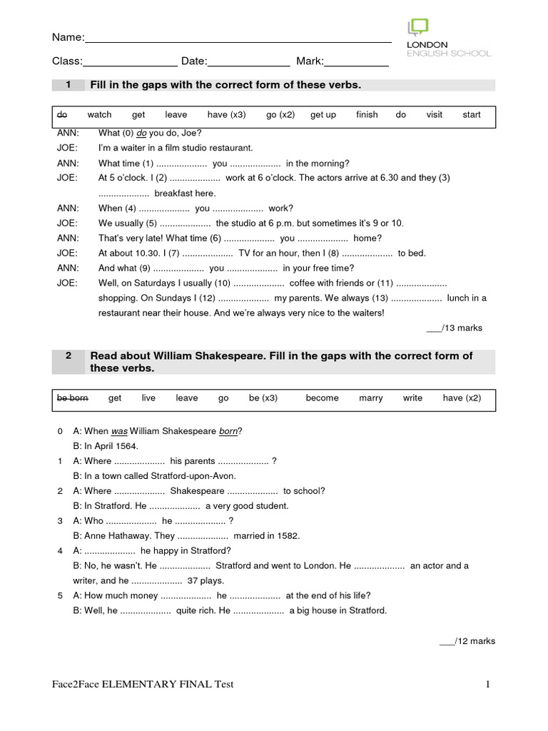 Elementary Final Test | PDF | Lunch