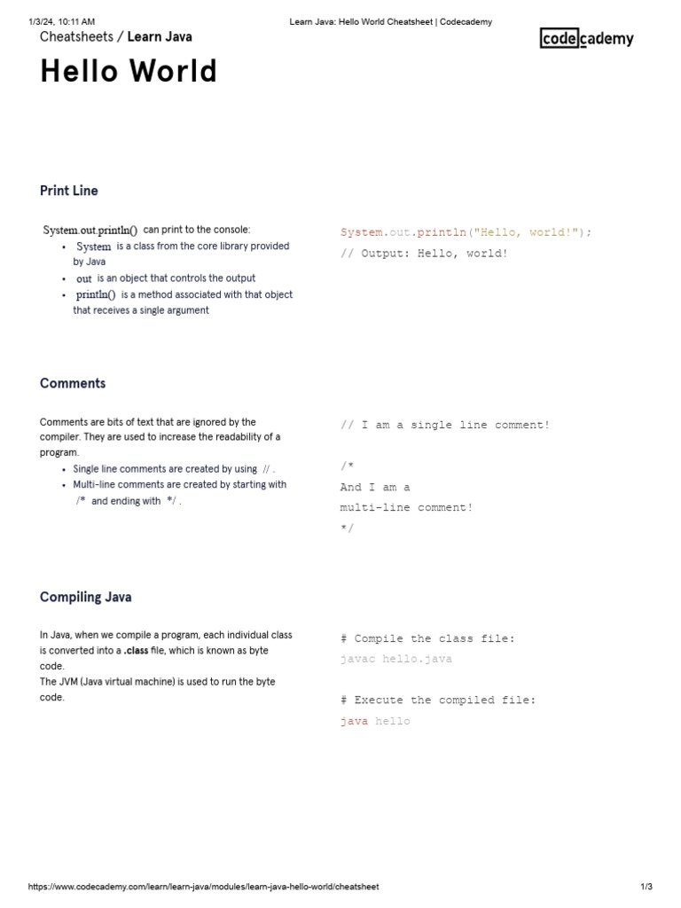 Learn Java_ Hello World Cheatsheet1 | PDF | Object Oriented Programming | Programming Paradigms