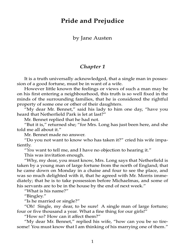 Pride and Prejudice: Chapter 1 Summary | PDF | Pride And Prejudice | Mr ...