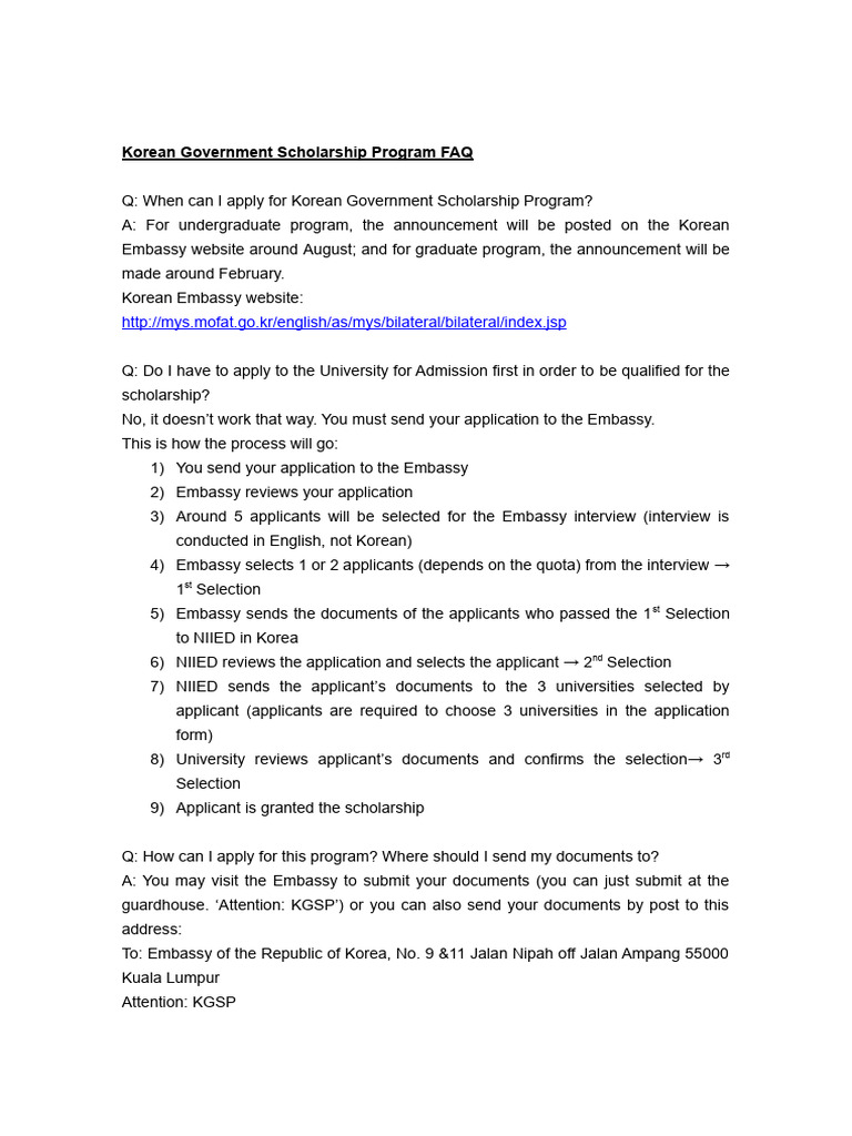 Korean Government Scholarship Program FAQ | PDF | Educational Stages ...