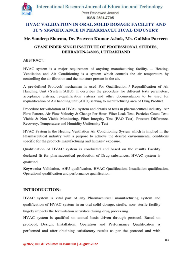 Hvac Validation in Oral Solid Dosage Facility and It's Significance in ...