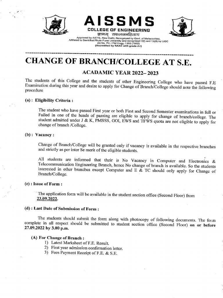 Change of Branch College 2022 23 | PDF