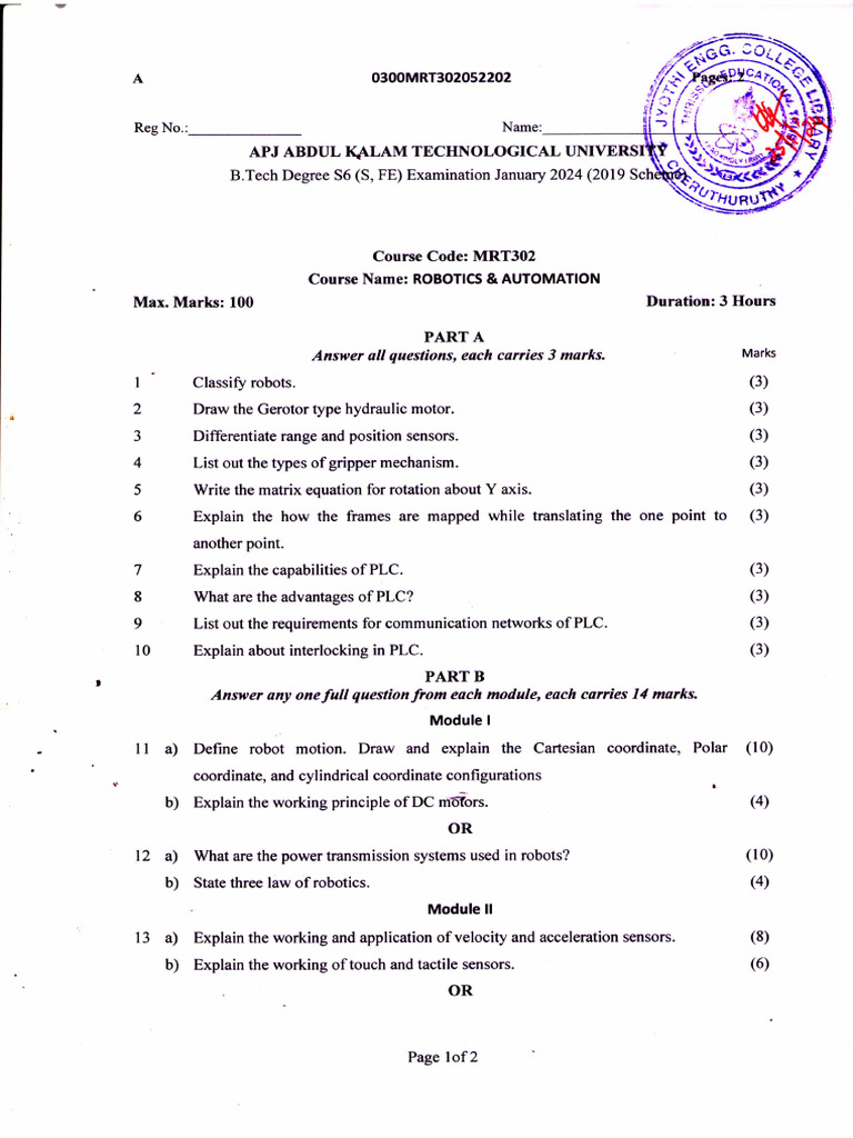 MRT302 Robotics & Automation, January 2024 | PDF | Robotics | Physics
