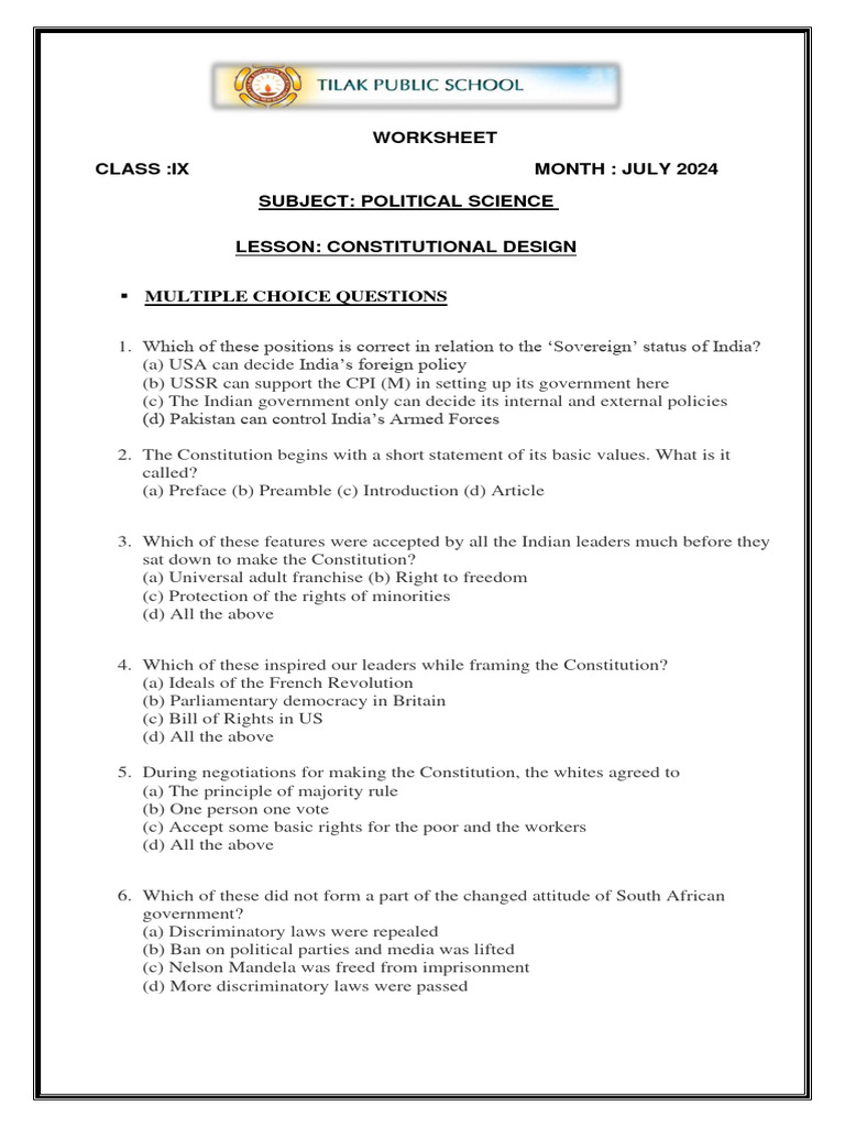Class 9 Worksheet on Constitutional Design | PDF | Constitution ...