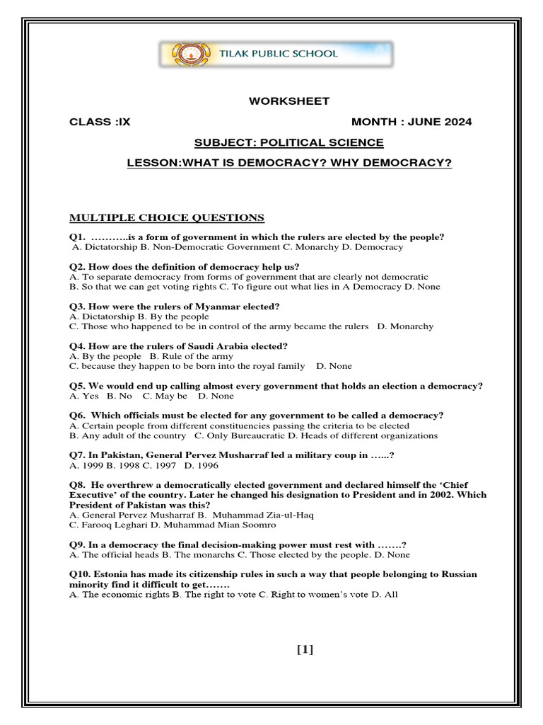 Political Science Worksheet on Democracy | PDF | Democracy | Political ...