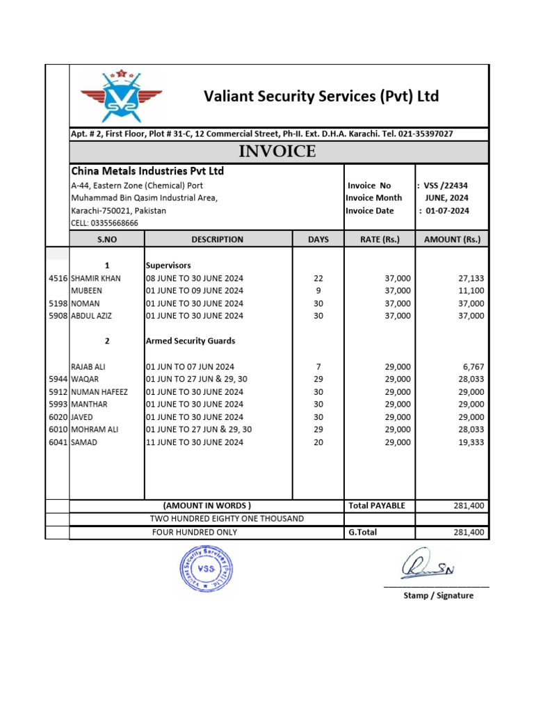 Invoice for Security Services - June 2024 | PDF | Pakistan | Government ...