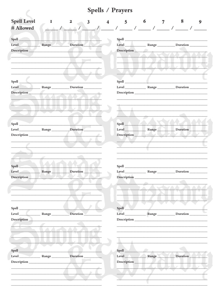 Grim's Spell Tracking Sheet (SW) | PDF