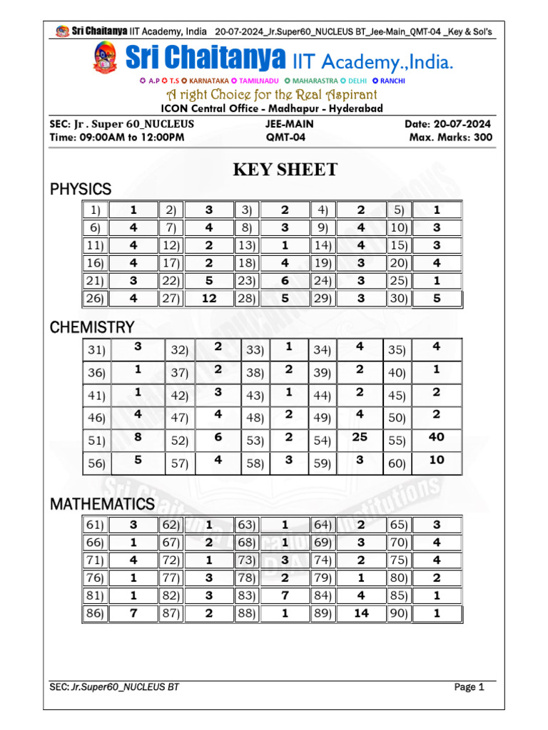 20-07-2024 JR - Super60 Nucleus BT Jee-Main Qmt-04 Key & Sol's | PDF | Scientific Phenomena ...