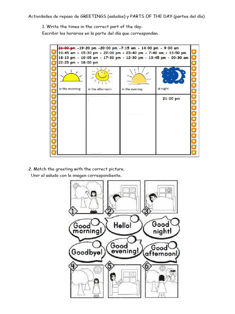 Repaso de GREETINGS - PARTS OF THE DAY | PDF