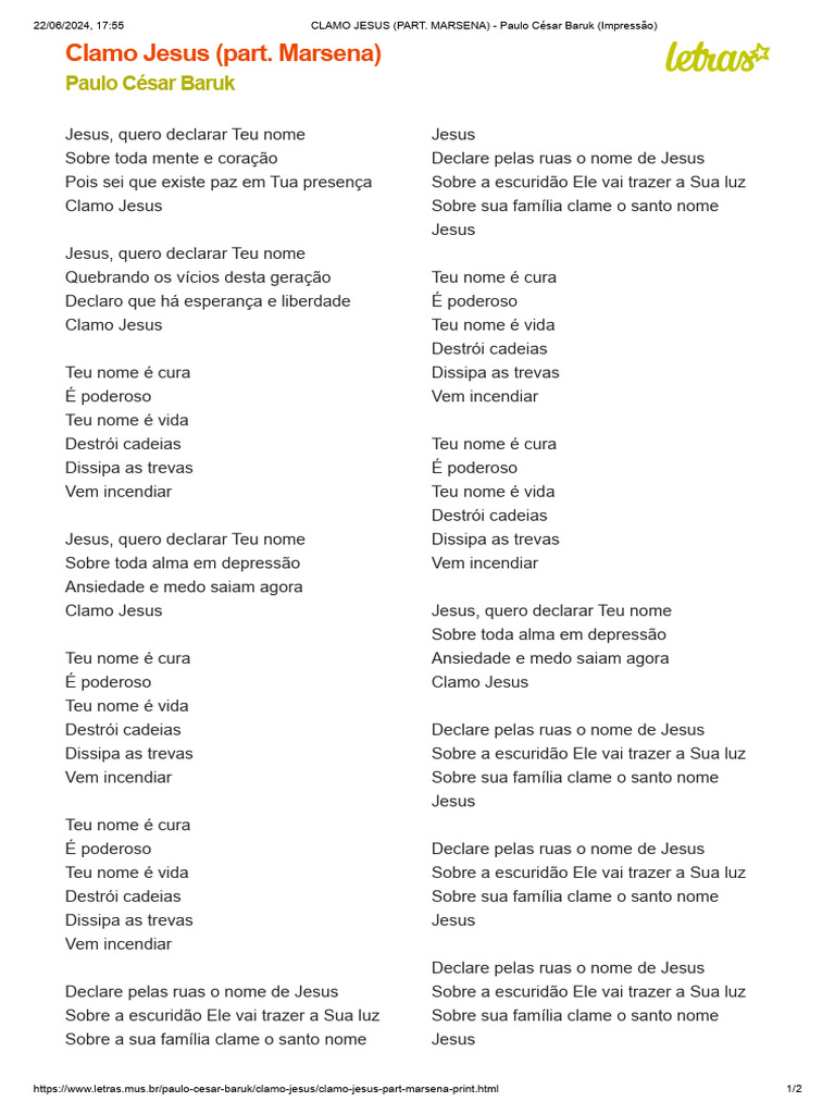 CLAMO JESUS (PART. MARSENA) - Paulo César Baruk (Impressão) | PDF