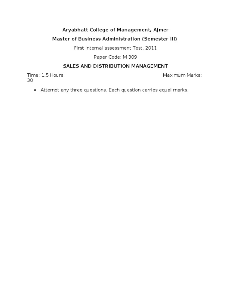 MBA Sales and Distribution Test 2011 | PDF | Qualifications | Quality ...