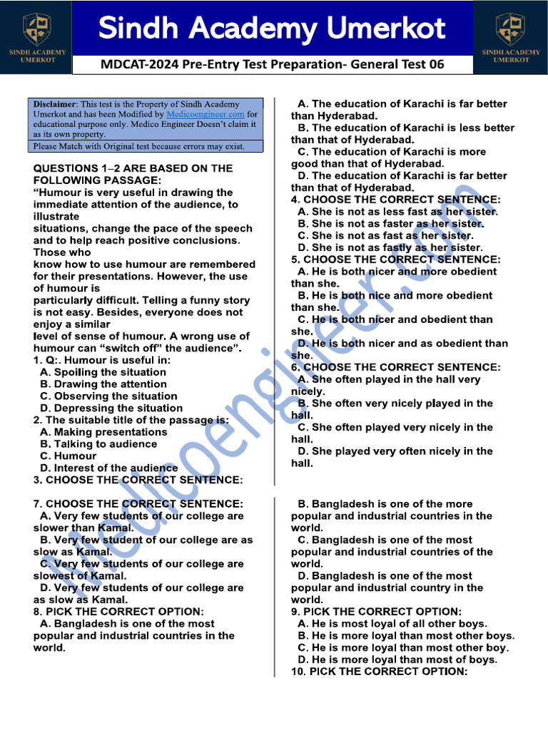 (Medicoengineer - Com) Unsolved SPSC gt-6 MDCAT-2024 | PDF