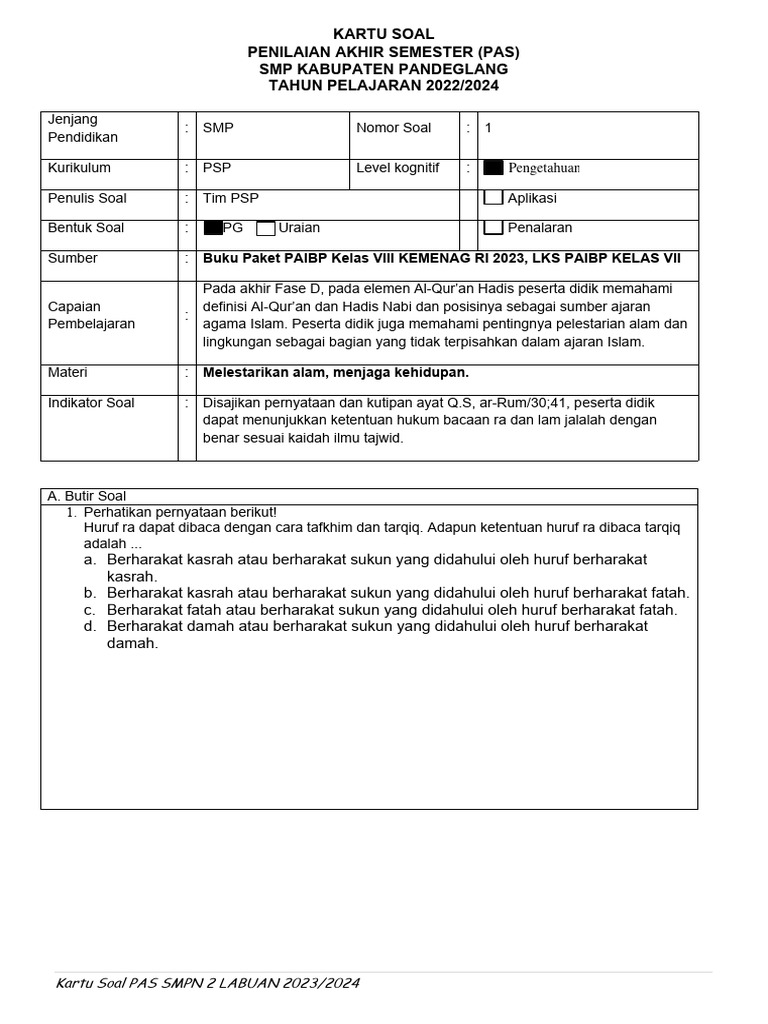 Kartu Soal Pas Pai Kelas 8 | PDF