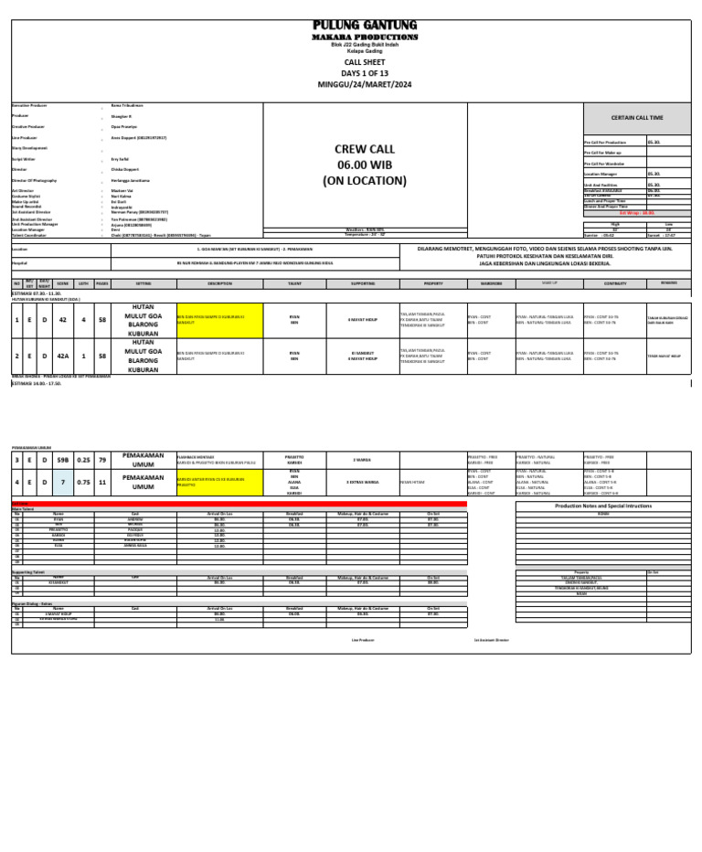 Production Call Sheet for Filming | PDF