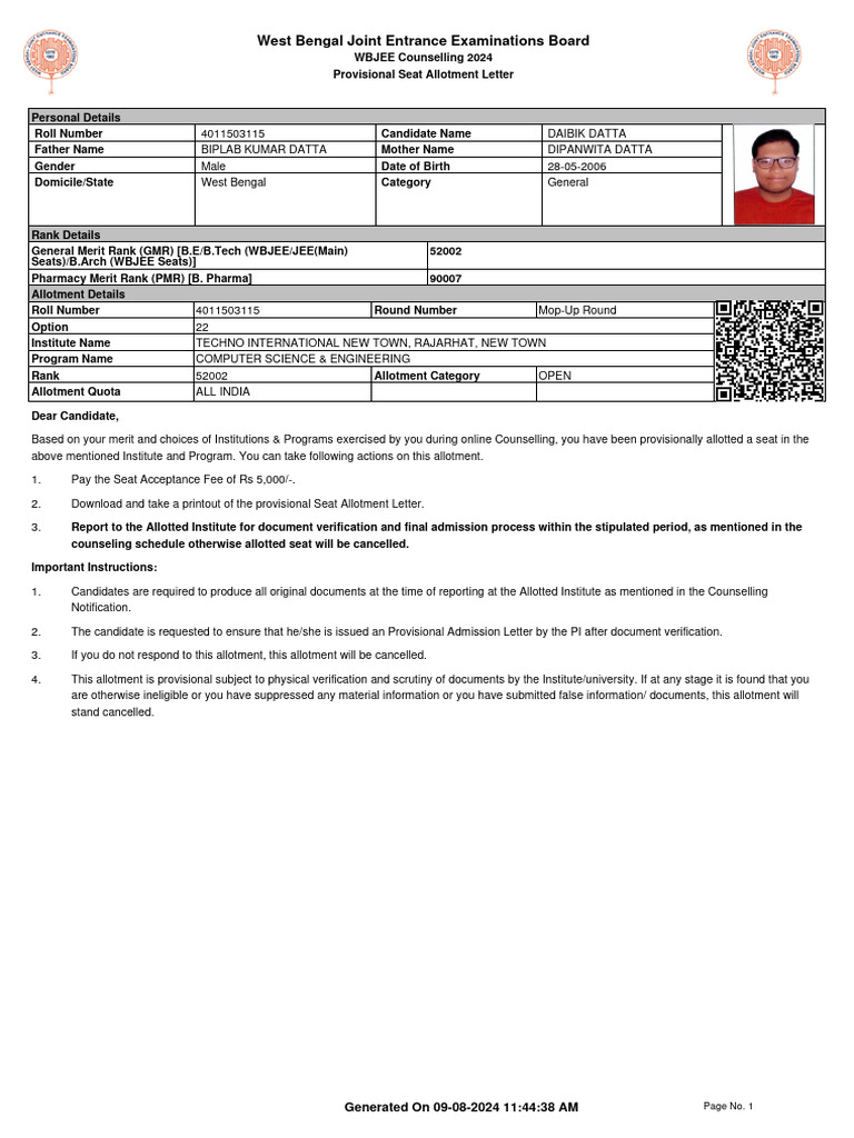 Provisional Allotment Letter (Mop Up) | PDF | Student Assessment And ...