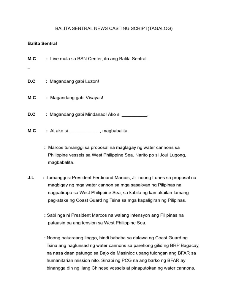 Balita Sentral News Casting Script | PDF