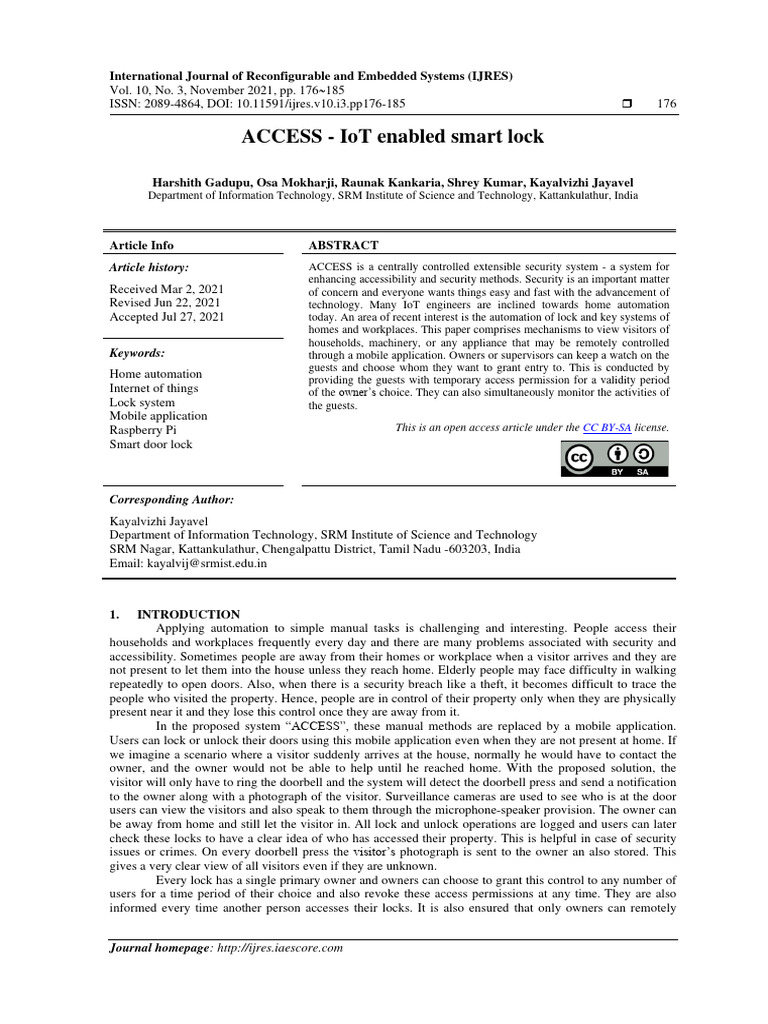 ACCESS IoT Enabled Smart Lock | PDF | Internet Of Things | User (Computing)