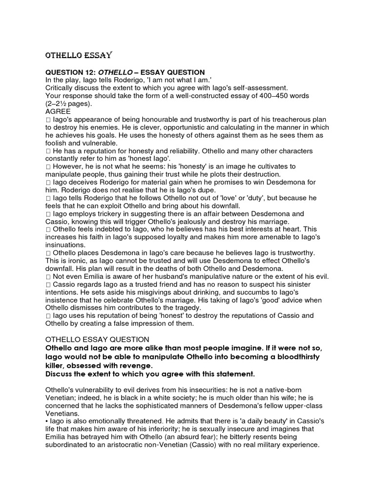 Othello Essay and Life of Pi Practice Questions | PDF | Iago | Othello