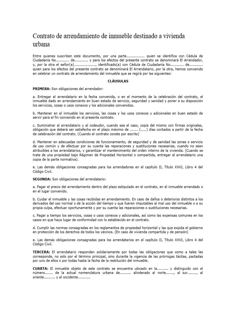 Contrato de Arrendamiento de Inmueble Destinado A Vivienda Urbana | PDF | Propiedad | Demanda ...