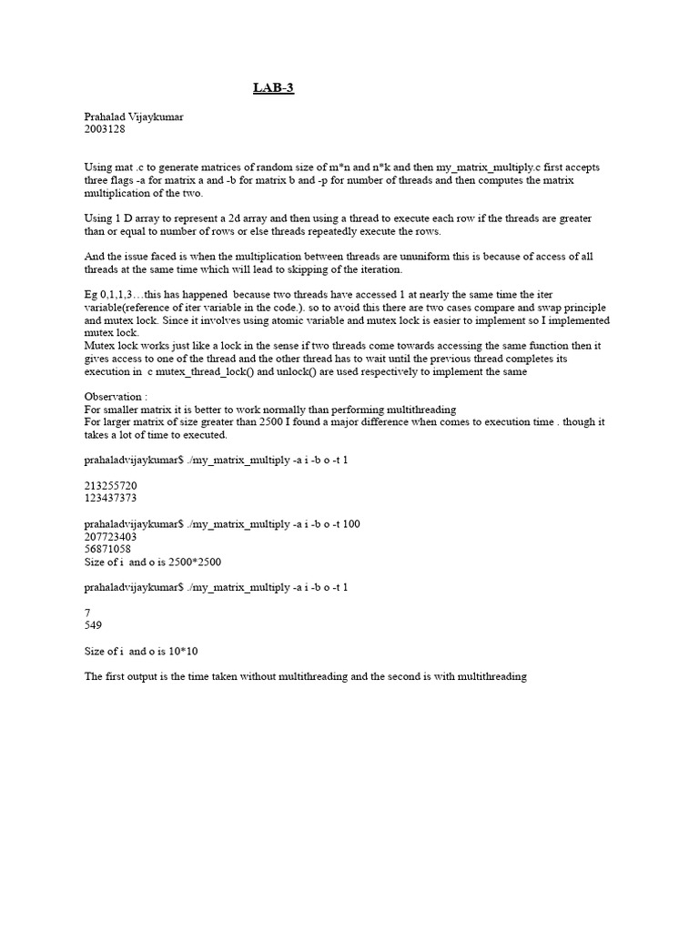 Operating System Threads Lab 3 Pdf Thread Computing Matrix Mathematics