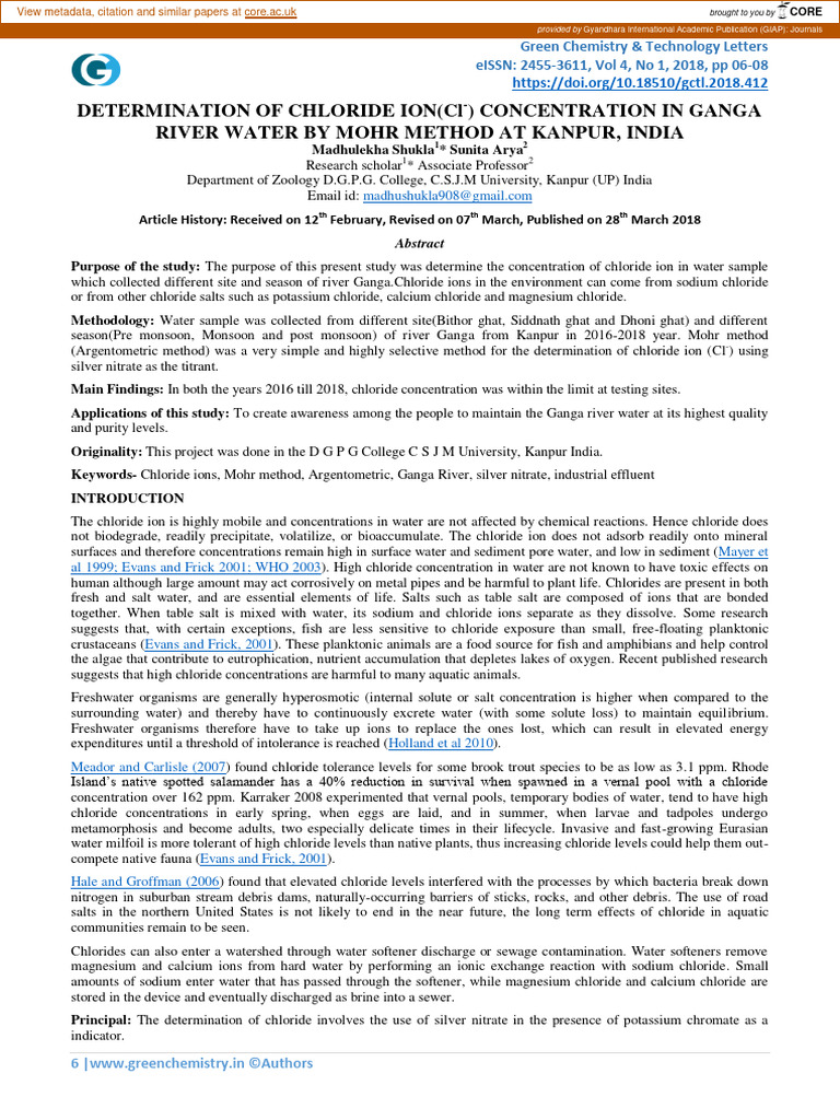Determination of Chloride Ion (CL) Concentration in Ganga River Water by Mohr Method at Kanpur ...